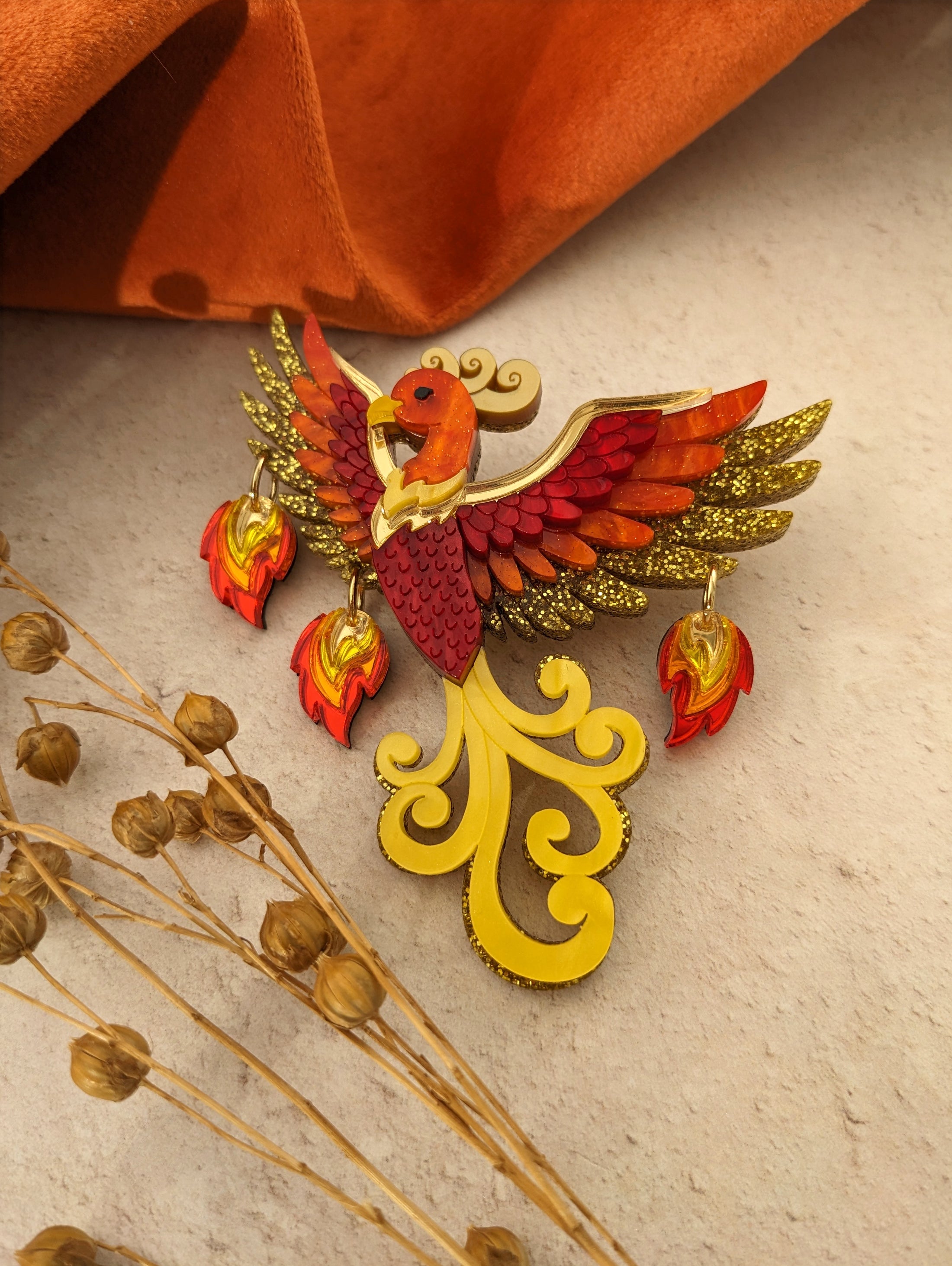 PRE ORDER Phoenix Brooch (flames or no flames) – Rock the Panda