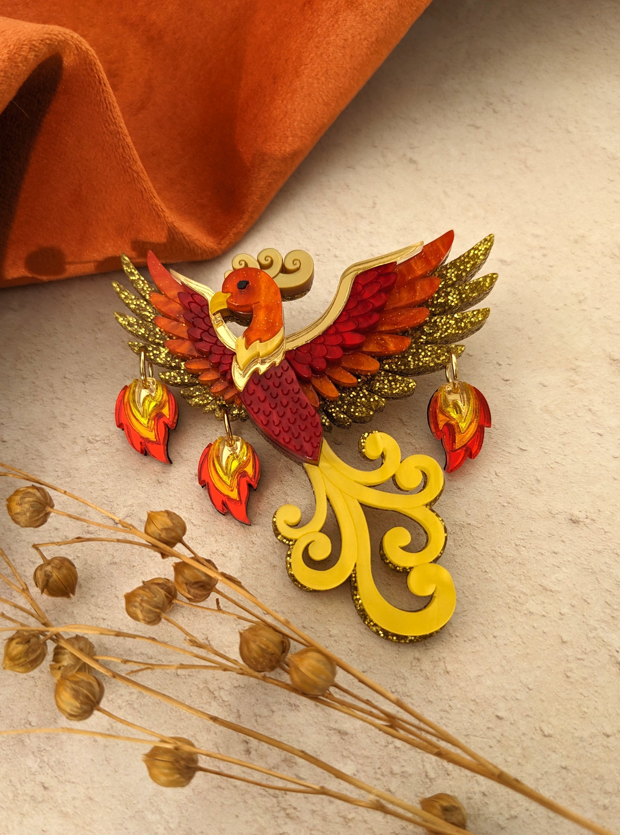 PRE ORDER Phoenix Brooch (flames or no flames) – Rock the Panda